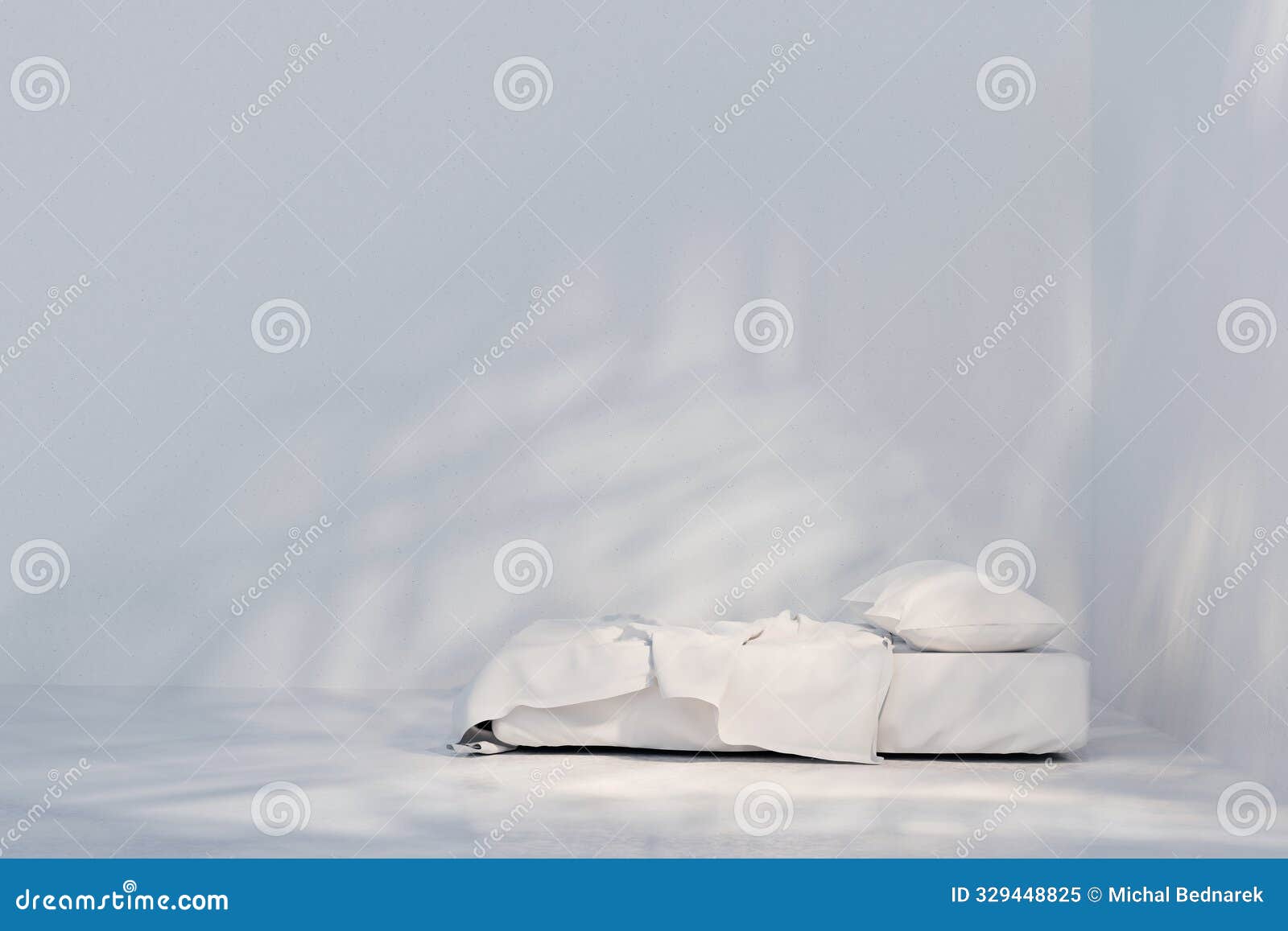 Side View of Bed with White Linen. Light and Shadows on White Wall ...