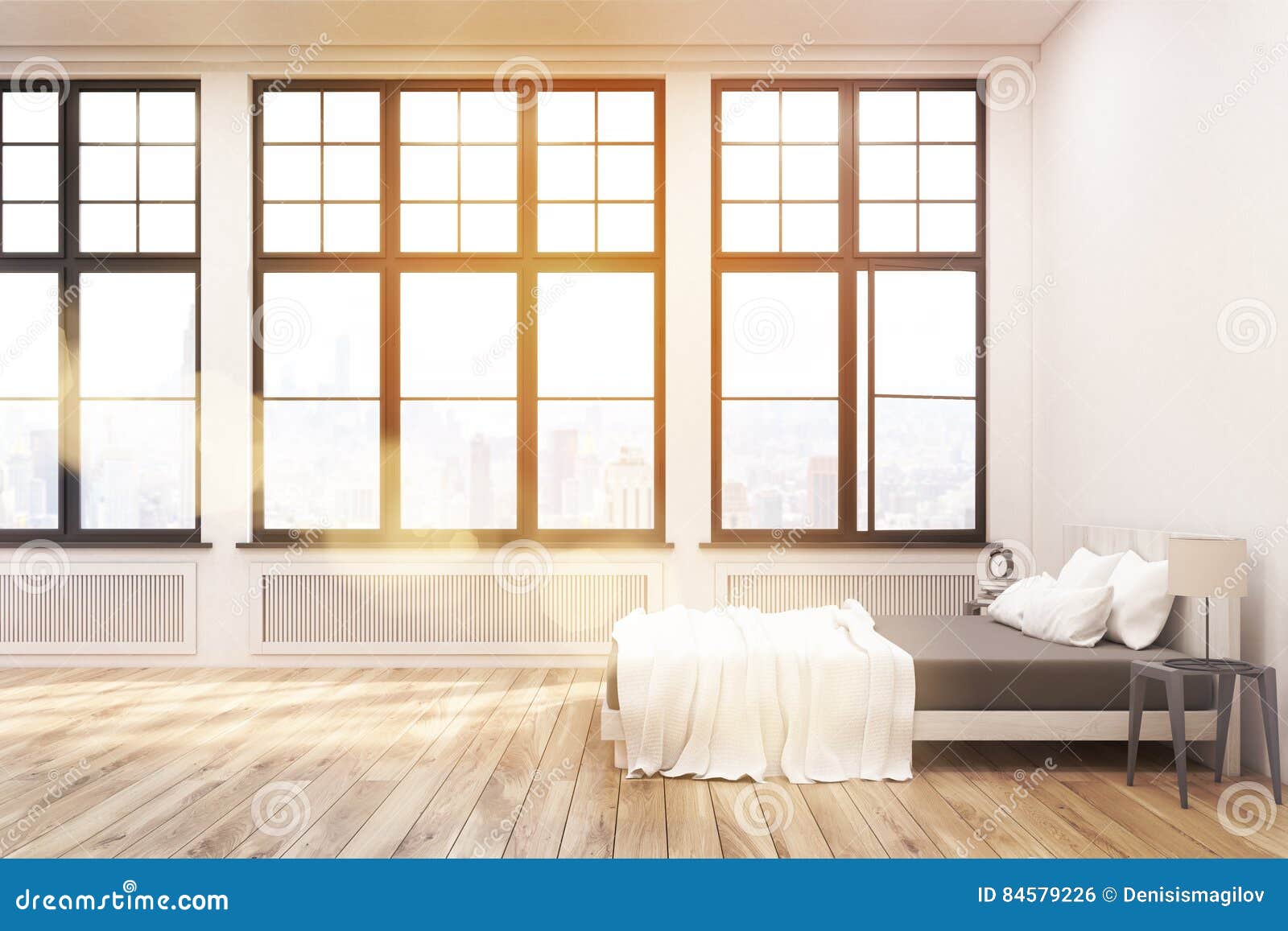 Side View of Bedroom with Big Windows, Toned Stock Illustration ...