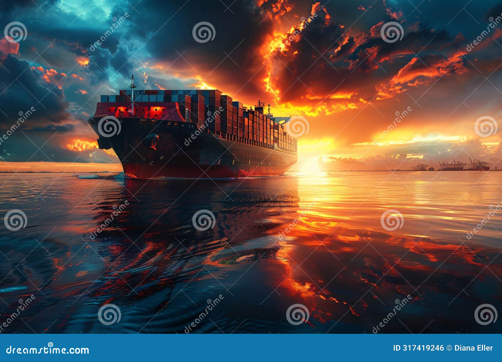 Side View of Big Ship with Containers on Sunset Stock Illustration ...
