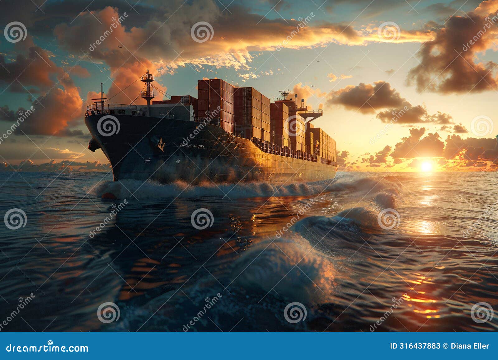 Side View of Big Ship with Containers on Sunset in the Sea Stock ...