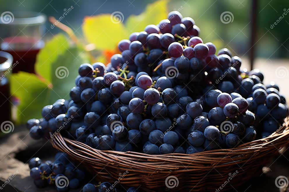 Side View of Black Grape Grape Juice with Grapes in the Basket and in a ...