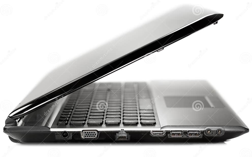 Side View of a Black Modern Laptop on a White Back Stock Image - Image ...