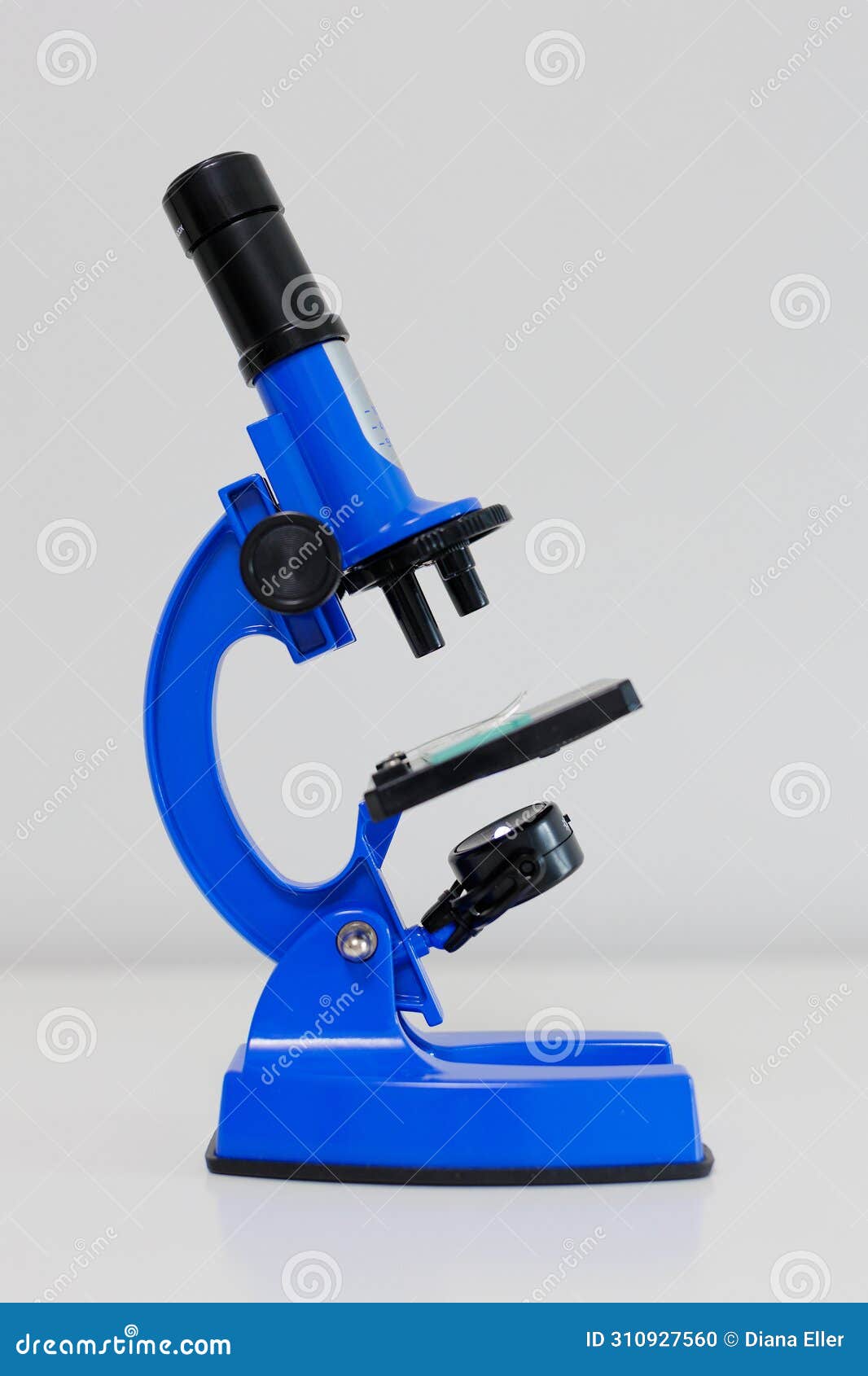 Side View of Blue Microscope on Table Stock Photo - Image of macro ...