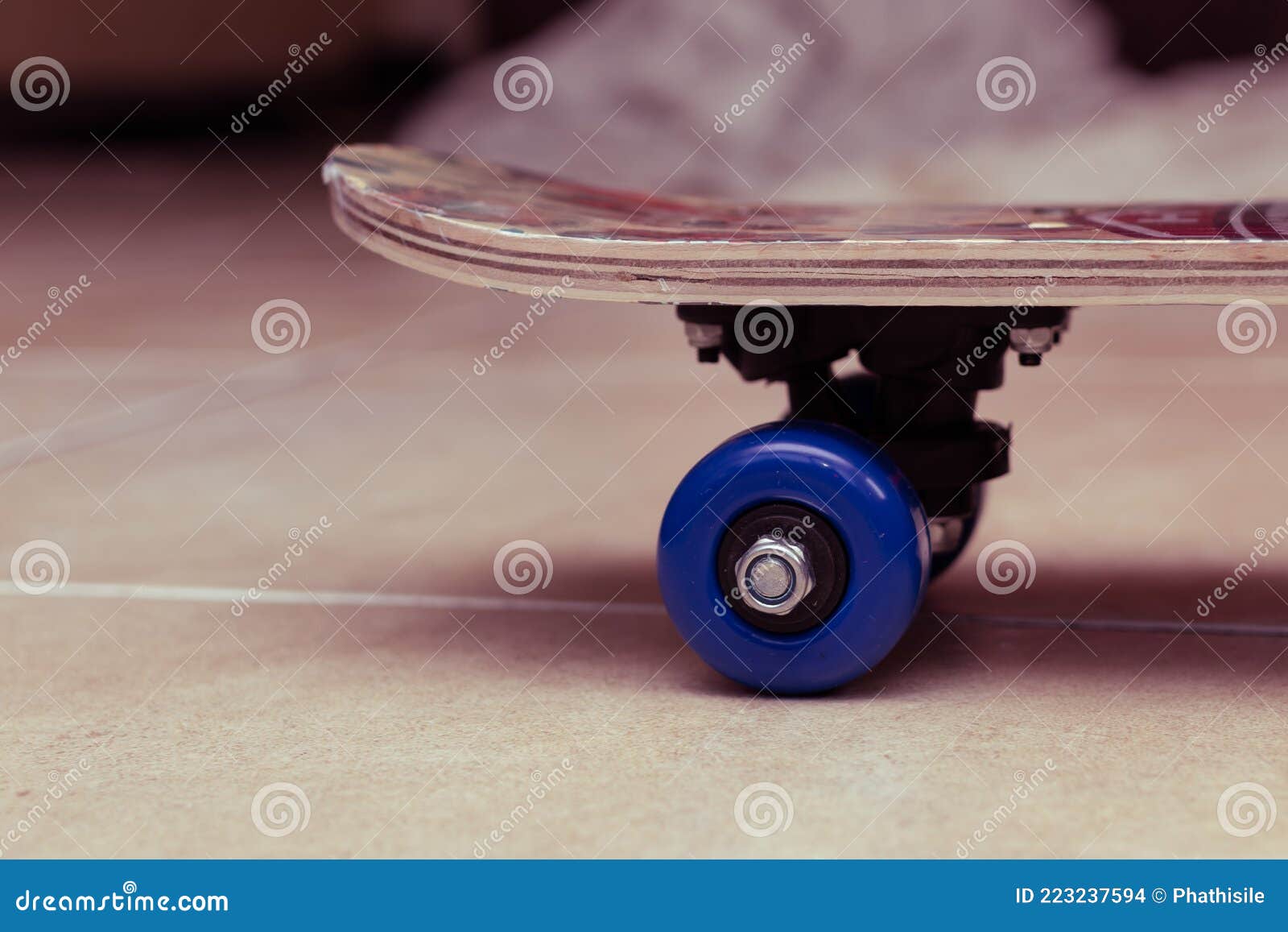Side View of Blue Plastic Wheels of a Skateboard Indoors Stock Photo ...