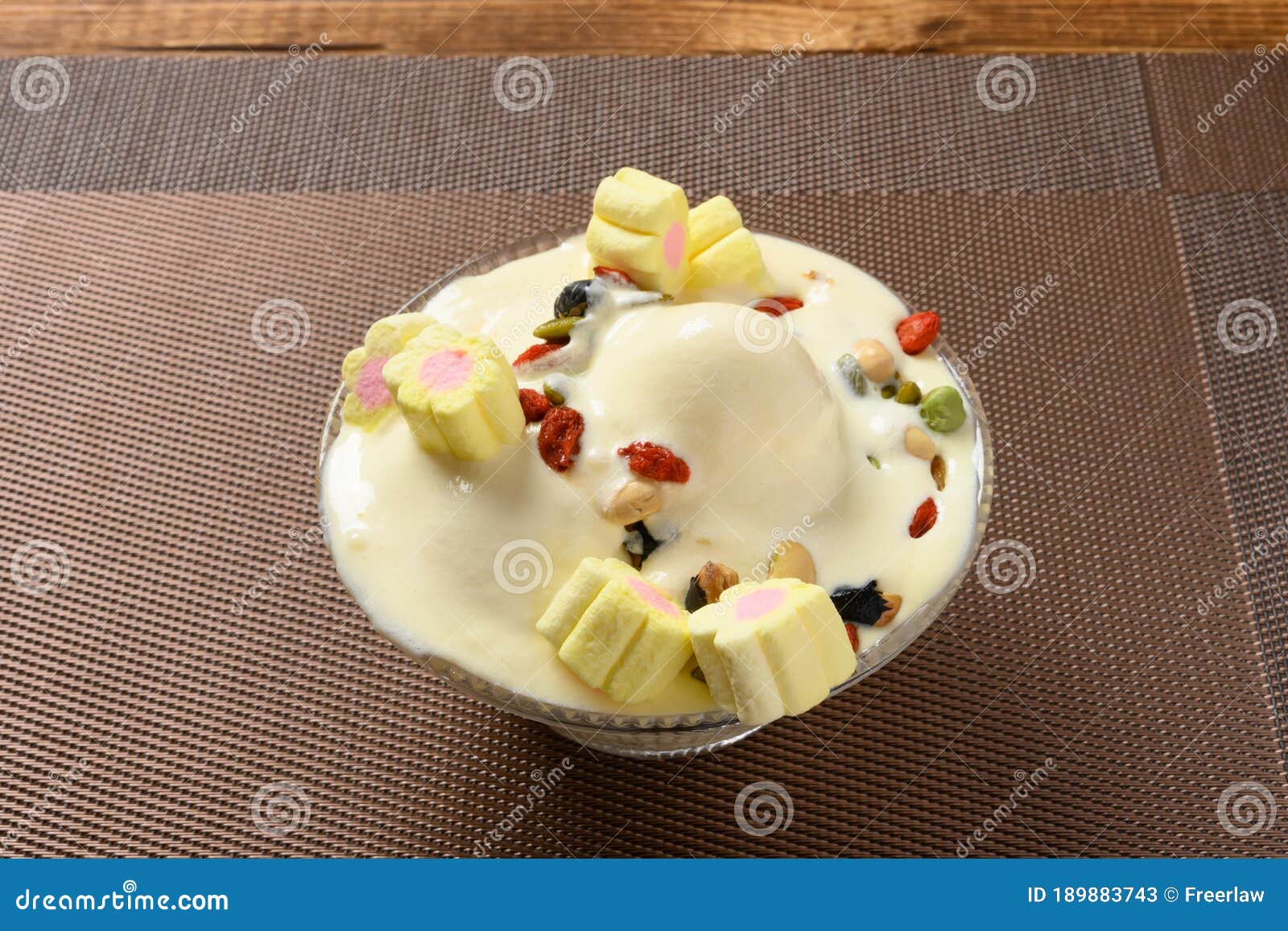 Bowl of Vanilla Flavor Ice Cream Sundae in a Melting Process with ...