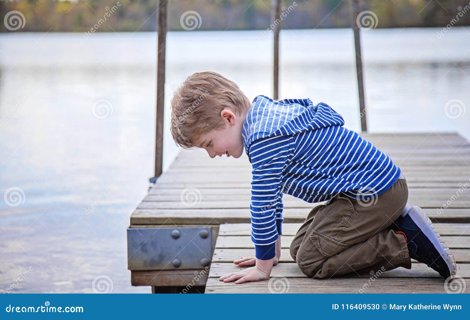 Side View of Boy on Dock Looking in Lake Stock Photo - Image of ...