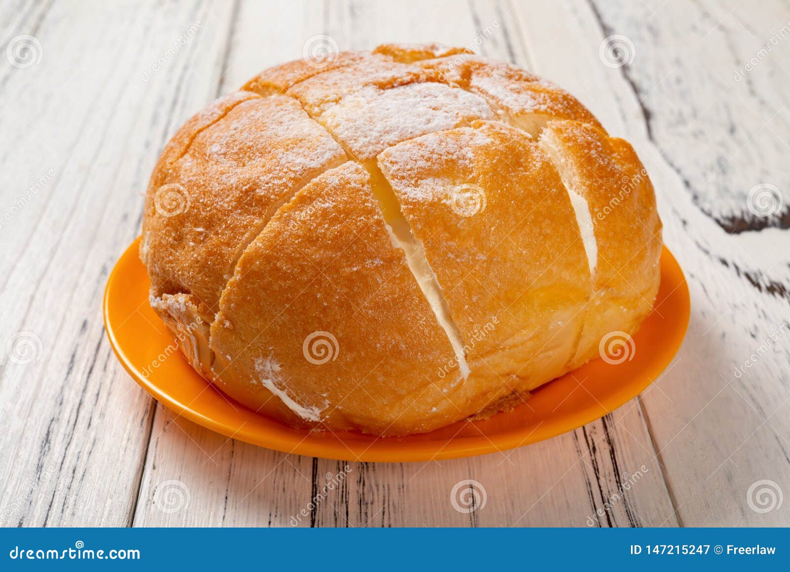 Bread with Cream Inside on Wood Table Stock Image - Image of bakery ...