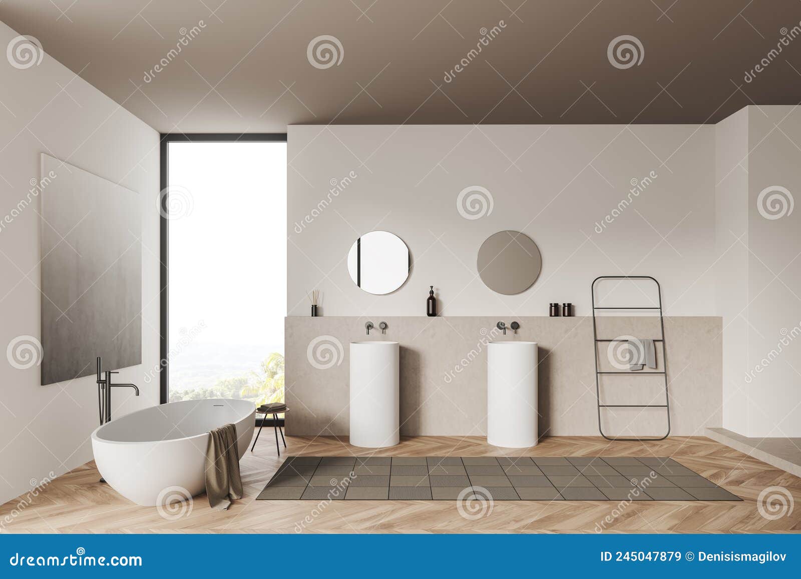 Side View on Bright Bathroom Interior with Bathtub, Panoramic Window ...