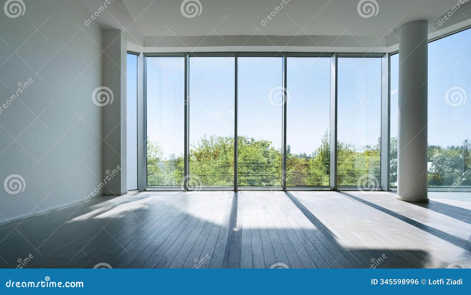 Side View on Bright Empty Room Interior with Panoramic Windows Stock ...