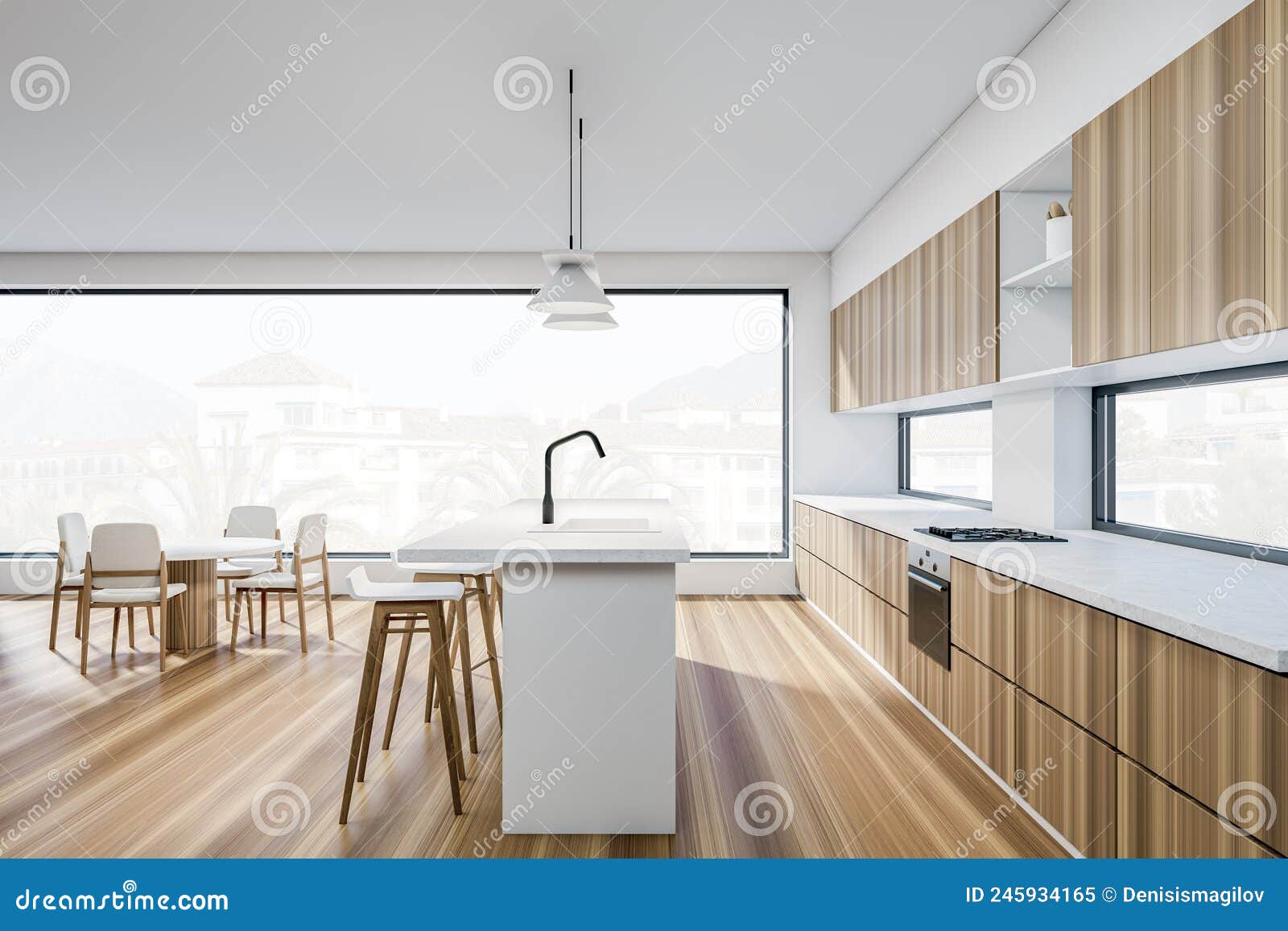 Side View on Bright Kitchen Room Interior with Panoramic Window Stock ...