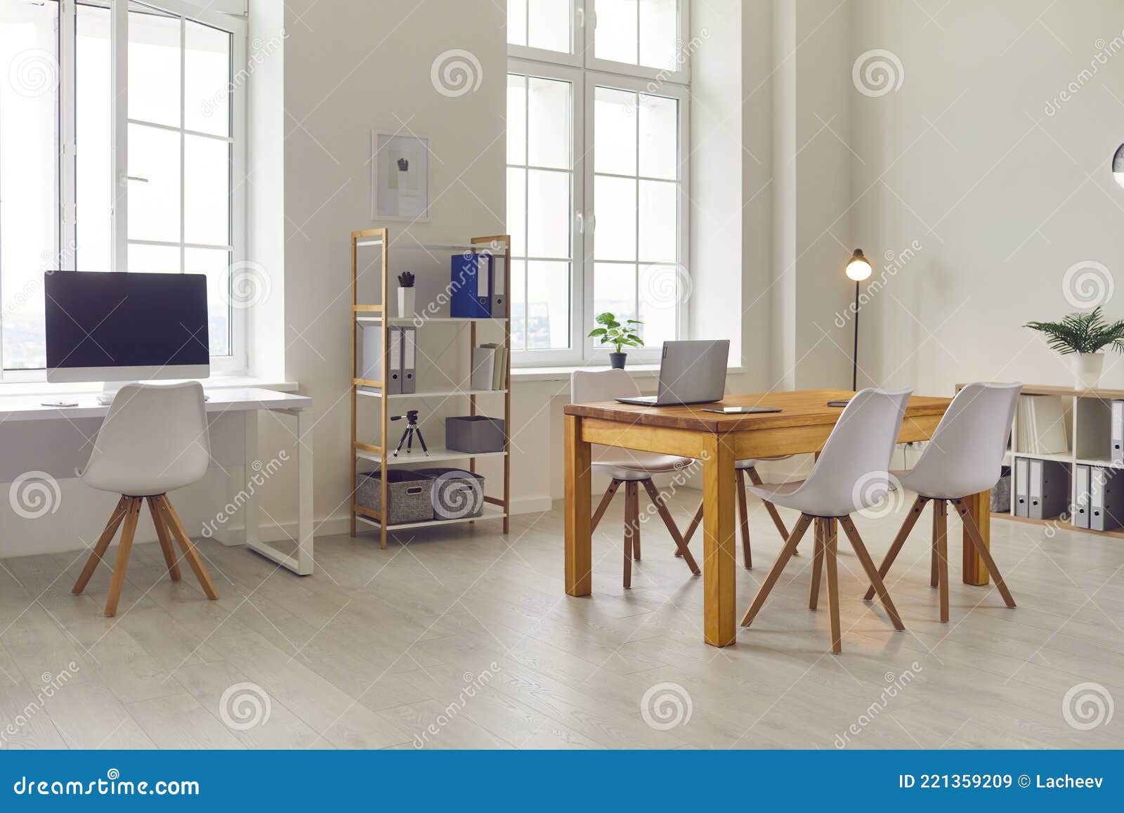 Side View of a Bright Office Interior with Modern Tables, Chairs and ...