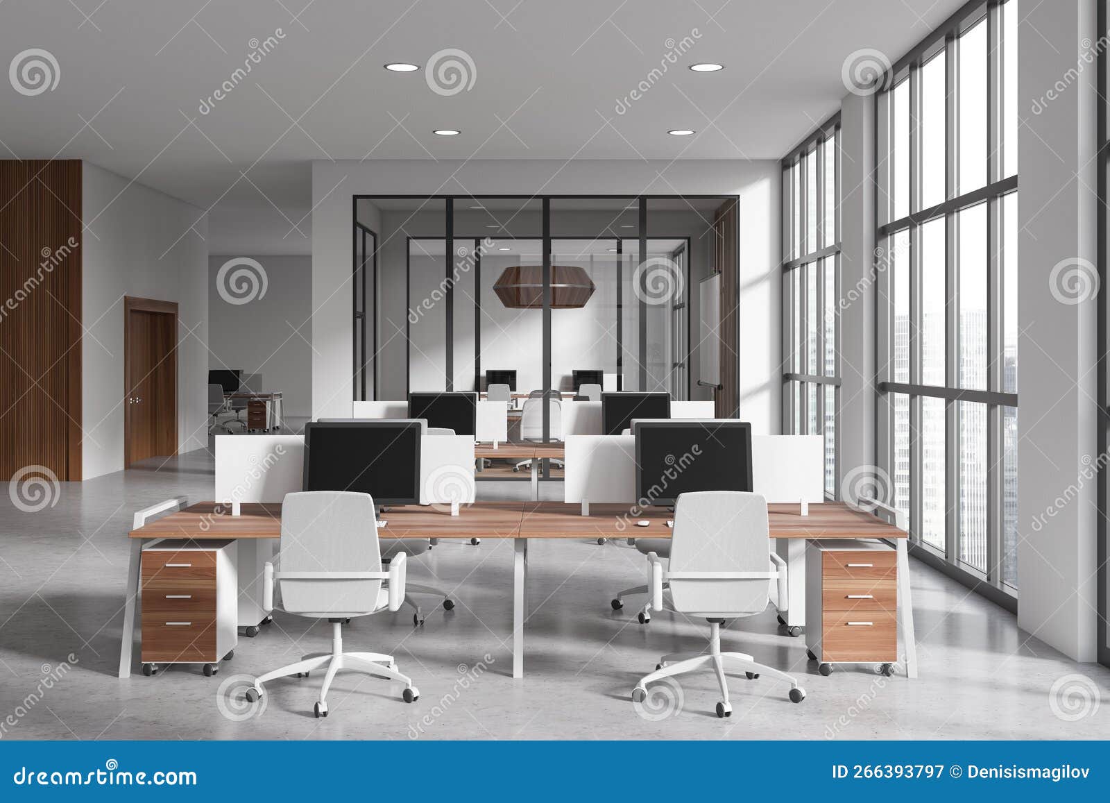 Side View on Bright Office Room Interior with Computers Stock ...