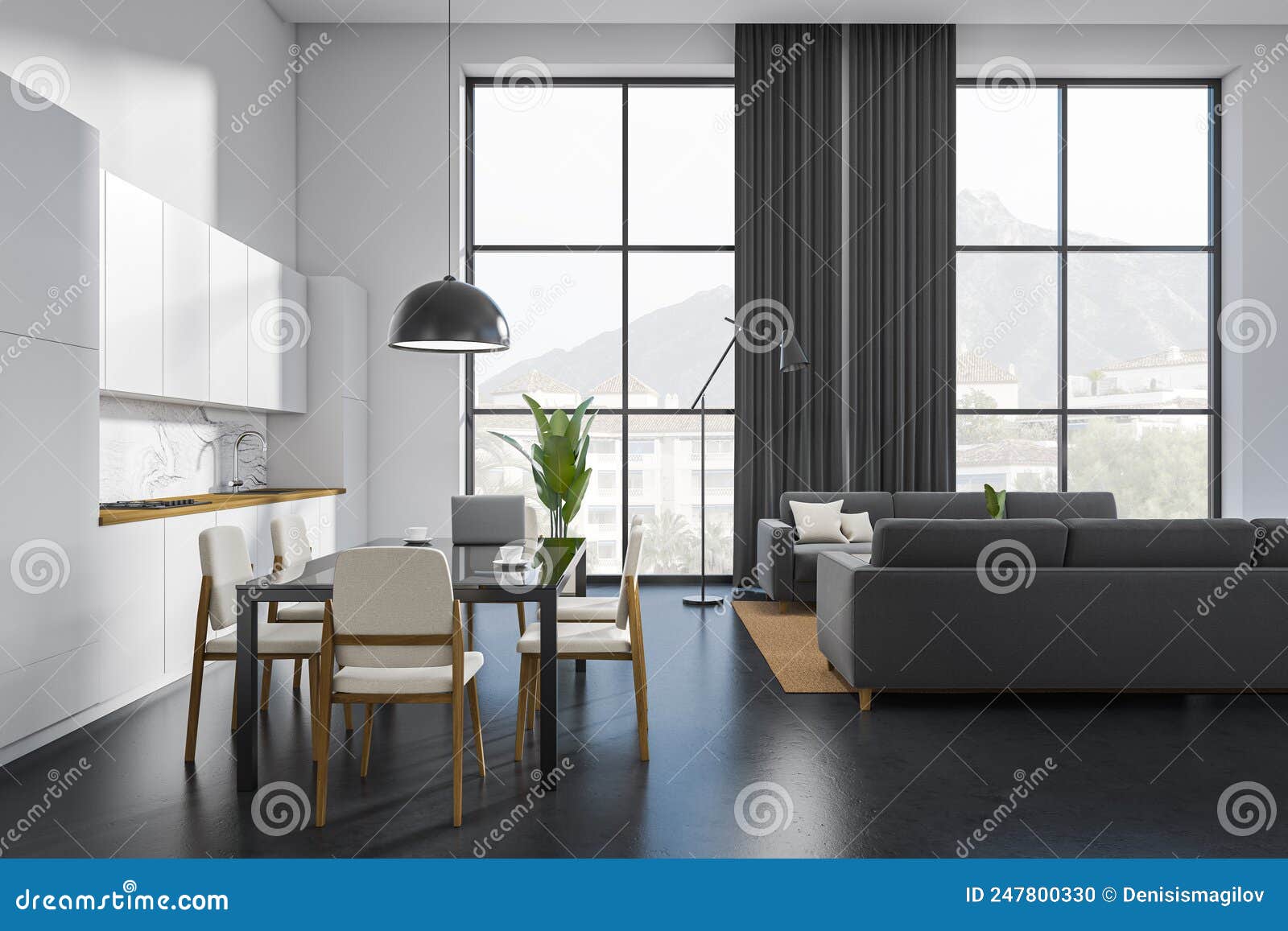 Side View on Bright Studio Room Interior with Panoramic Window Stock ...