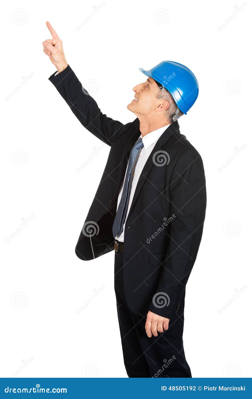 Side View of Businessman Engineer Pointing Up Stock Photo - Image of ...