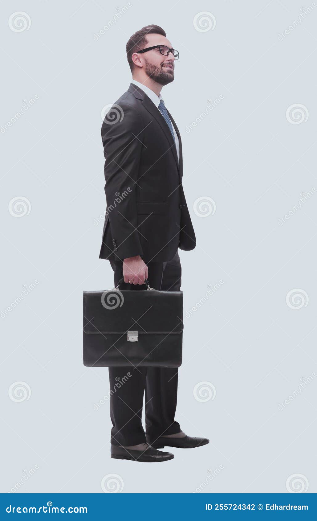 Side View . Businessman with Leather Briefcase Looking at Copy Space ...