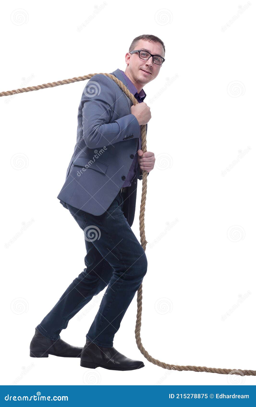 Side View of Businessman in Suit Pulling a Rope while Standing Against ...