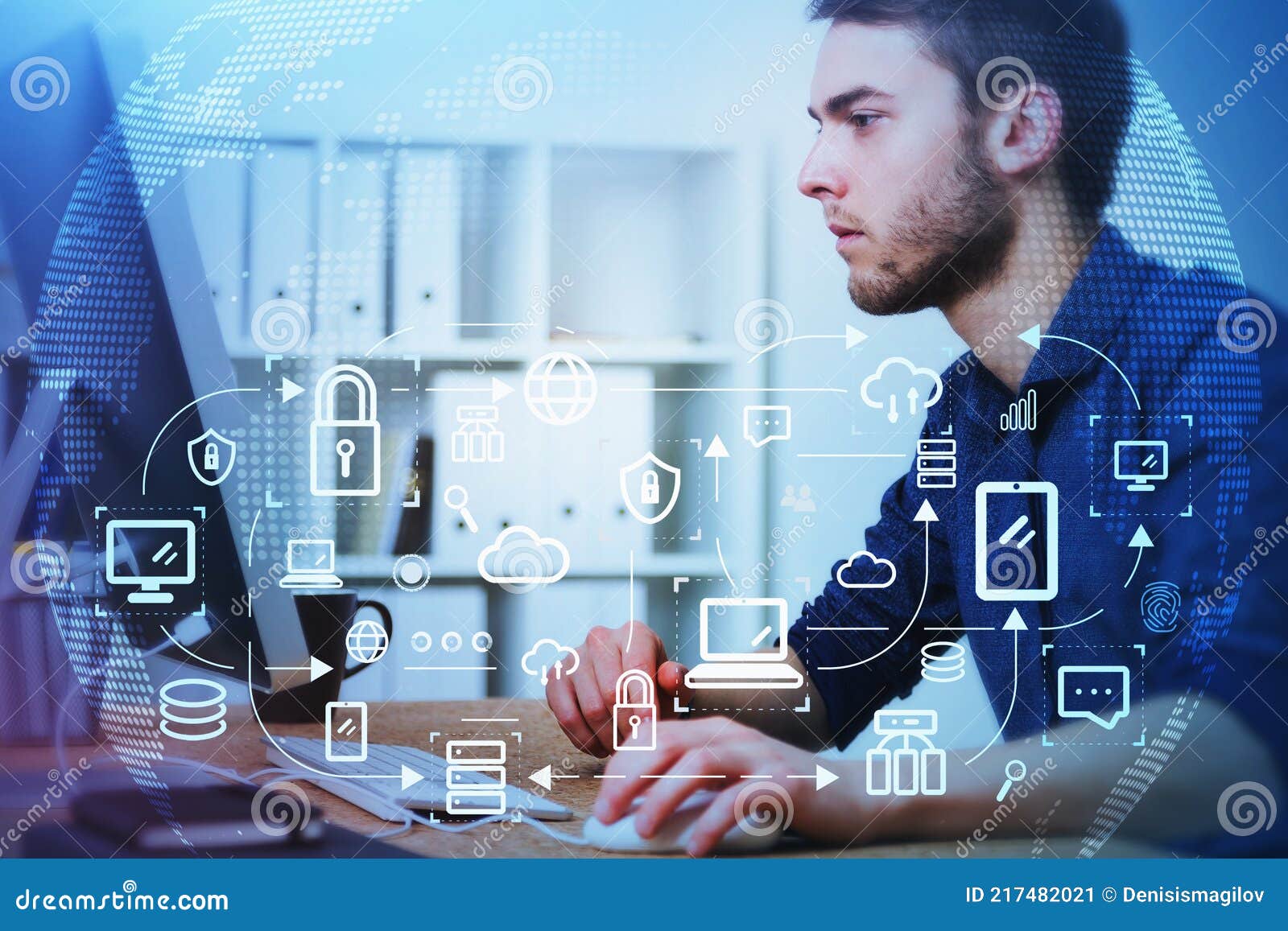 Side View Businessman Working On Desktop Computer, Double Exposu ...