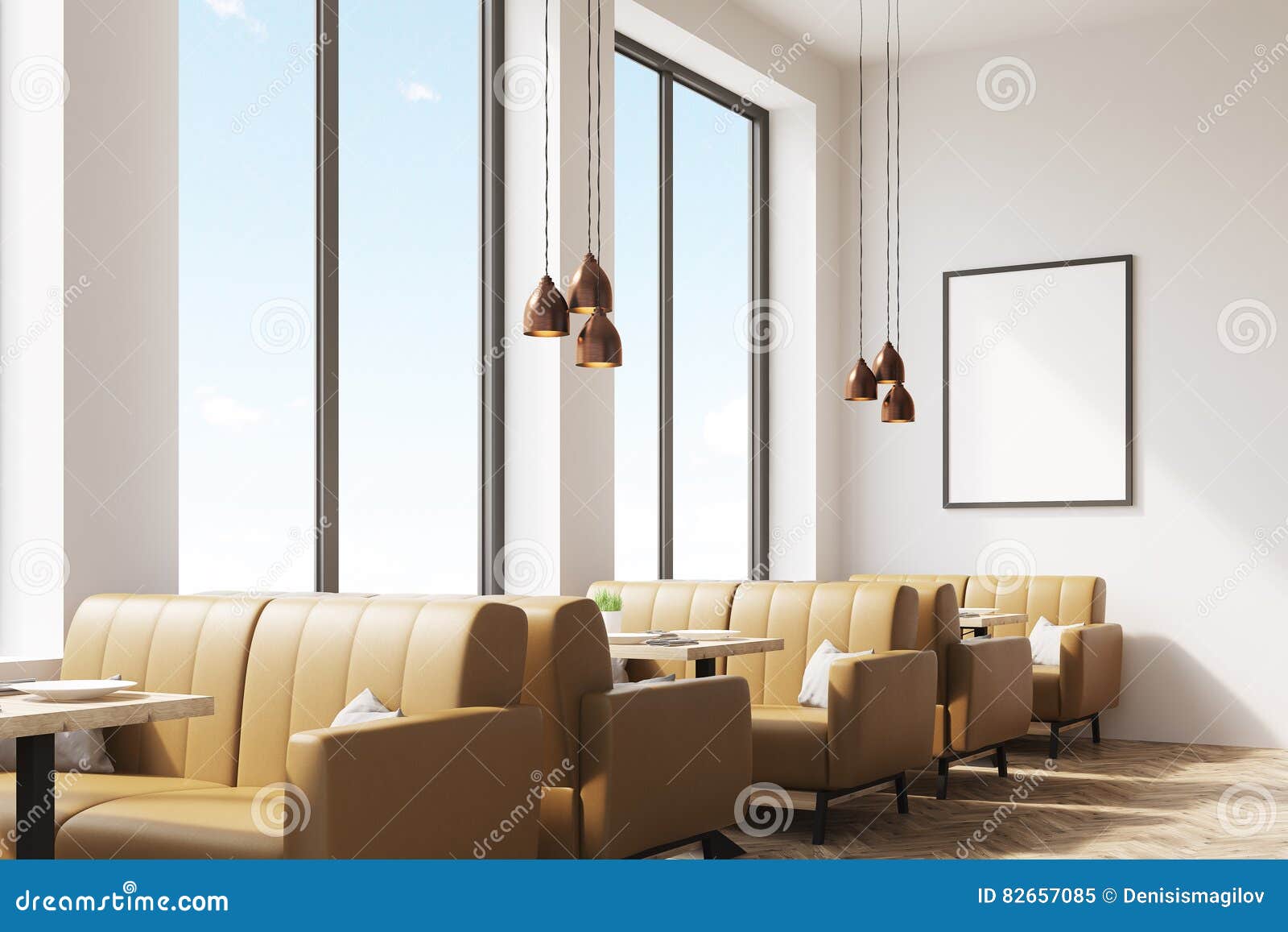 Side View of Cafe with Beige Sofas Stock Illustration - Illustration of ...