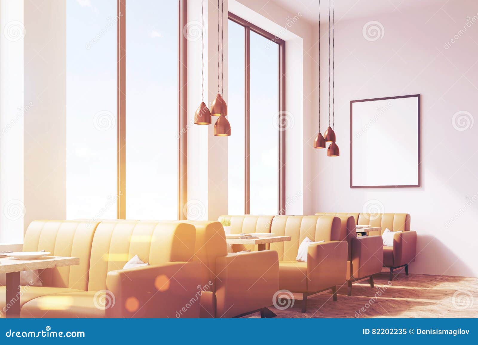 Side View of Cafe with Beige Sofas, Toned Stock Illustration ...