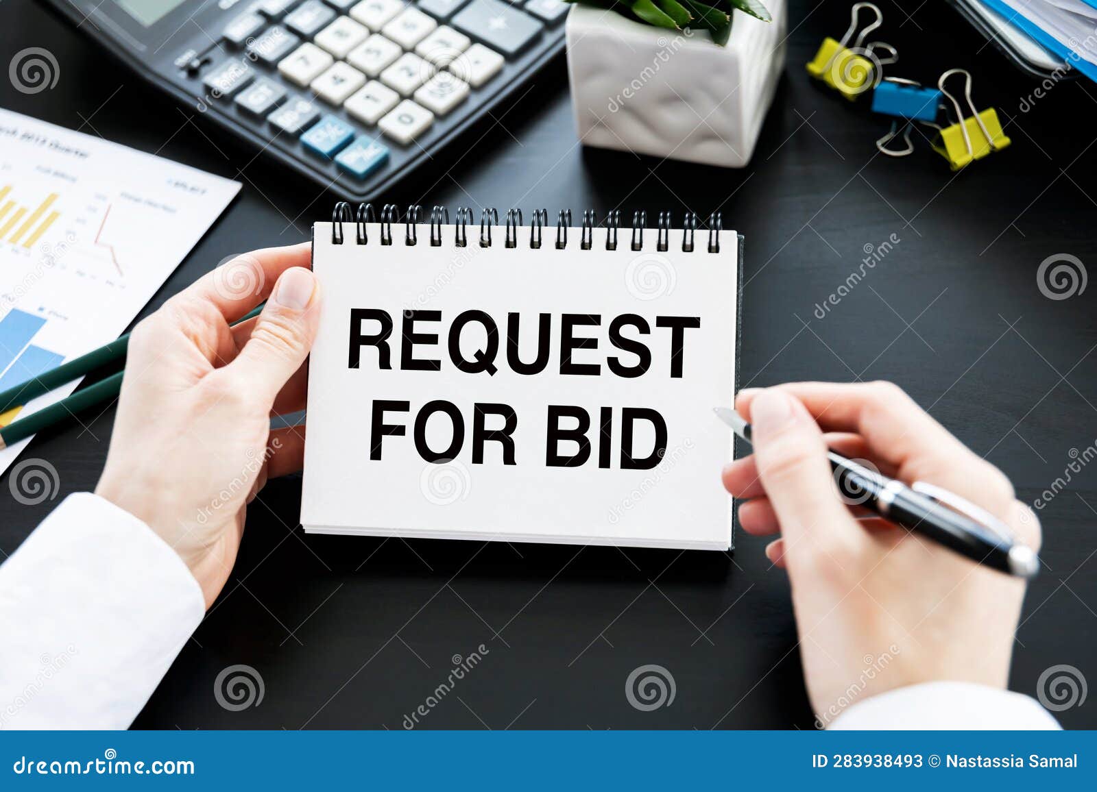 Side View Calculator, Office Desk and Notebook with Text Request for ...