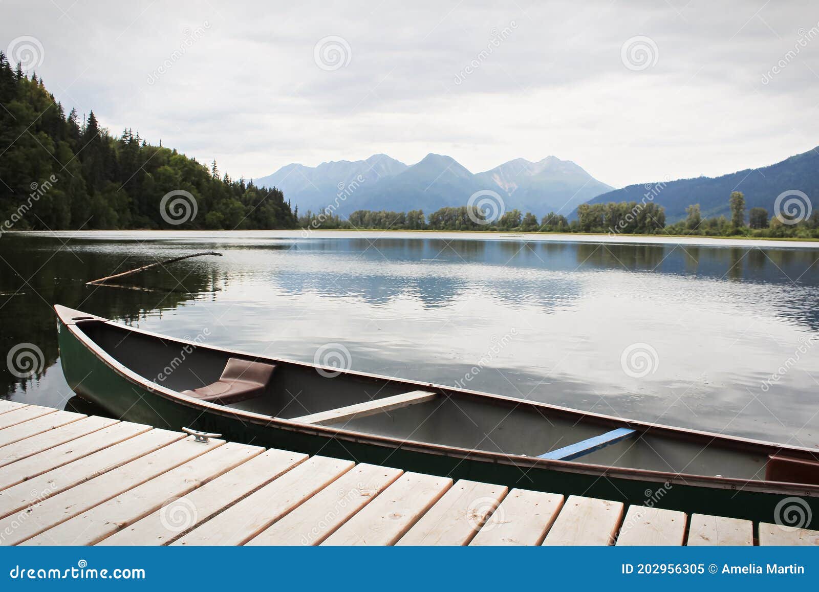 Side View of Canoe Tied To a Dock with Mountains in the Background ...