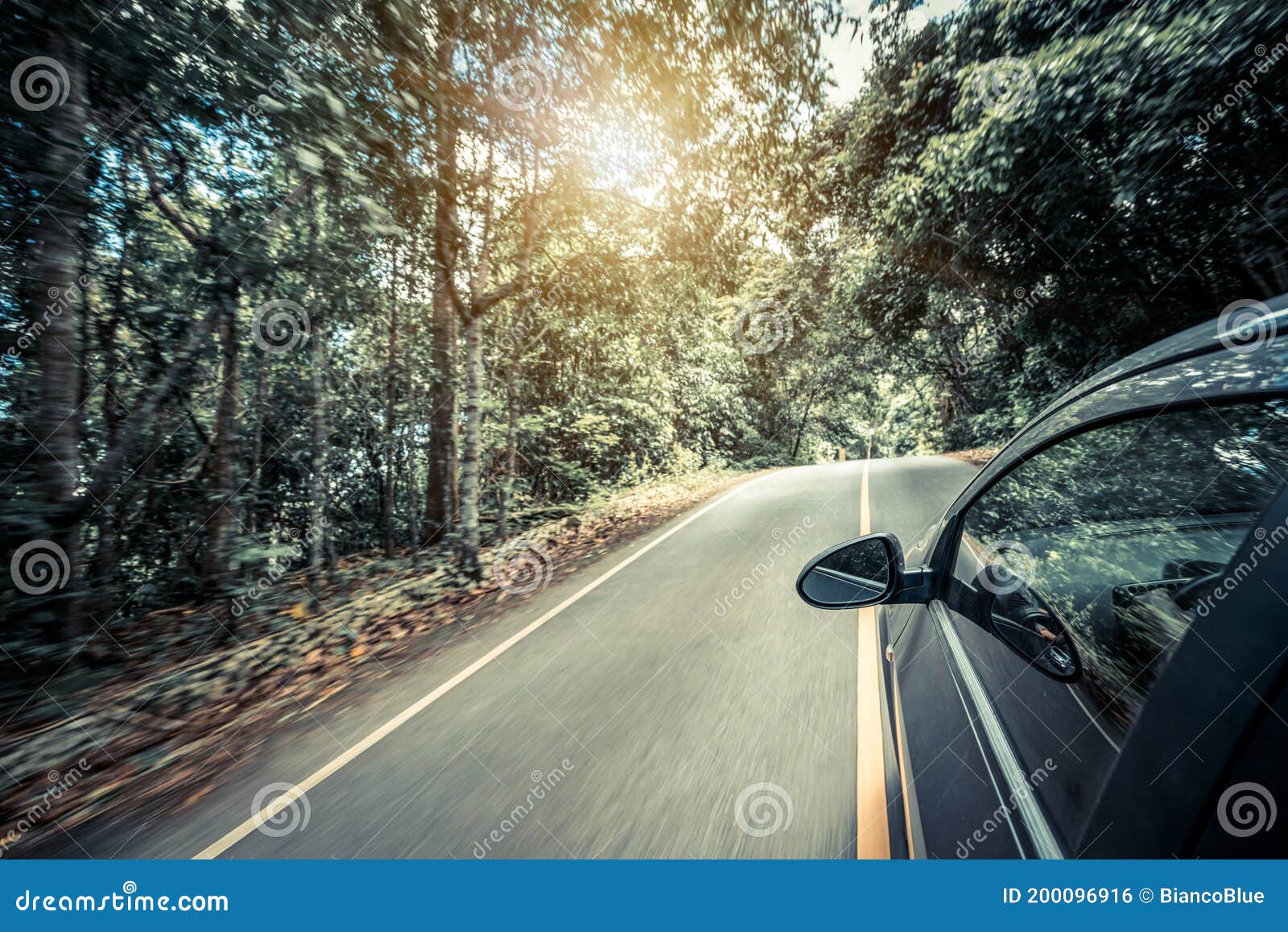 Side View of Car Driving on Road in Forest Highway Stock Photo - Image ...