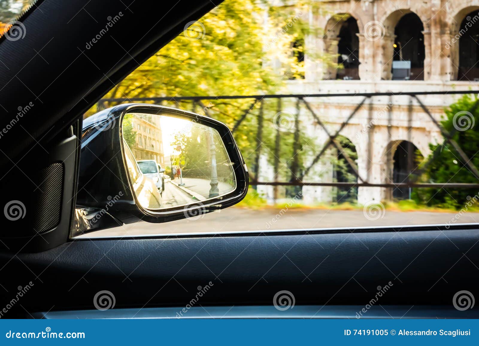 Side View Car Mirror in Sunset Ancient City Rome Panorama Stock Image ...