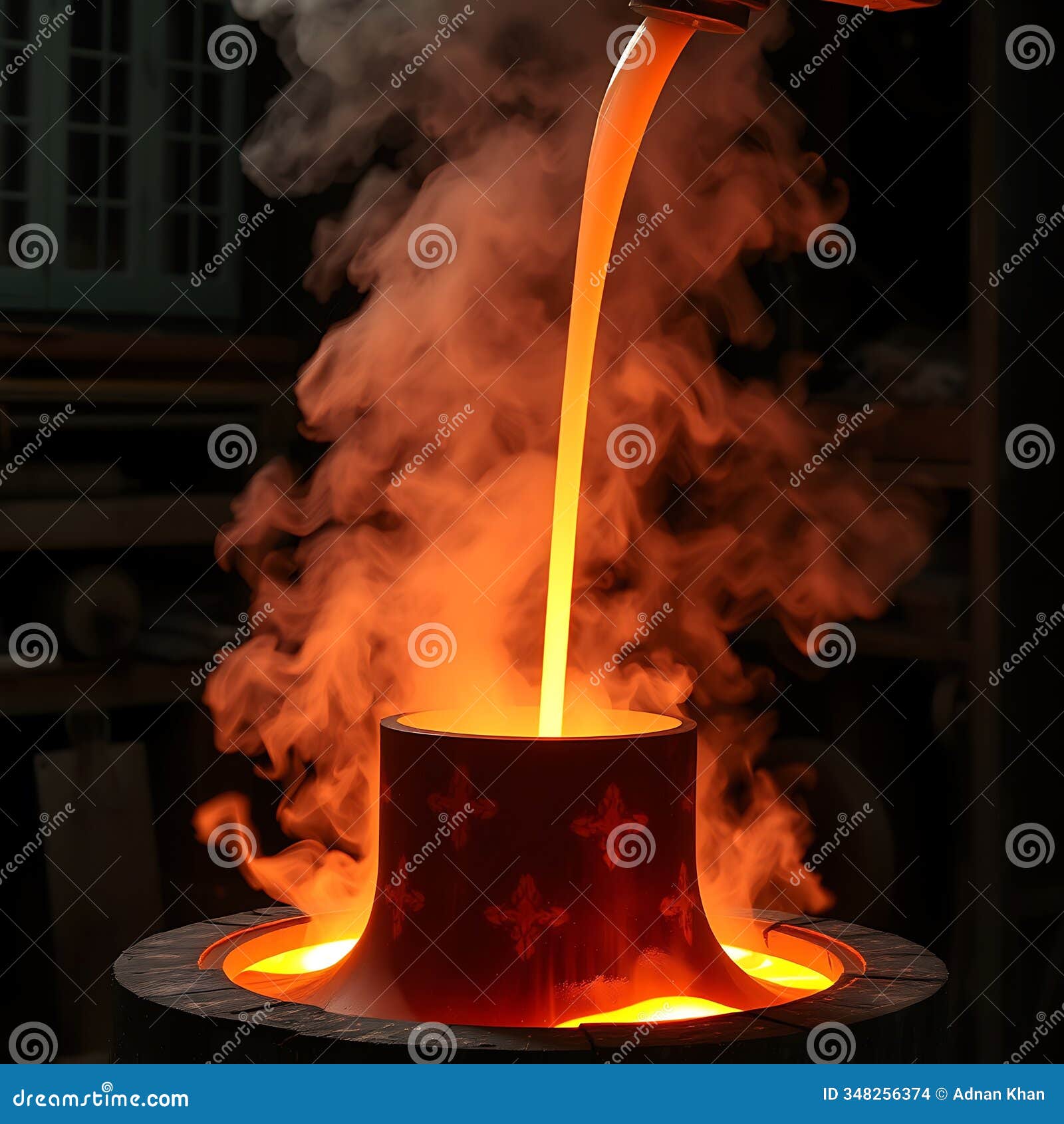 Side View of a Casting Process Where Molten Metal is Being Poured into ...