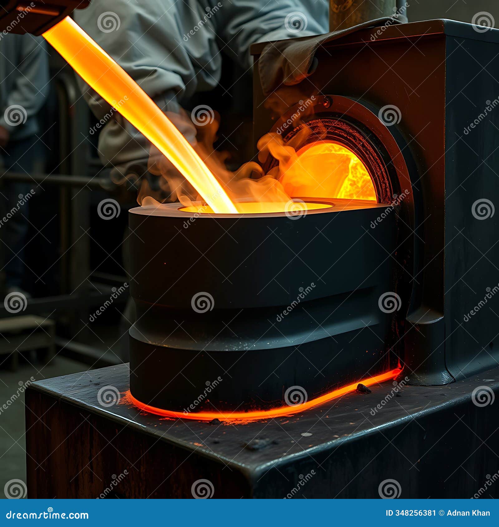 Side View of a Casting Process Where Molten Metal is Being Poured into ...