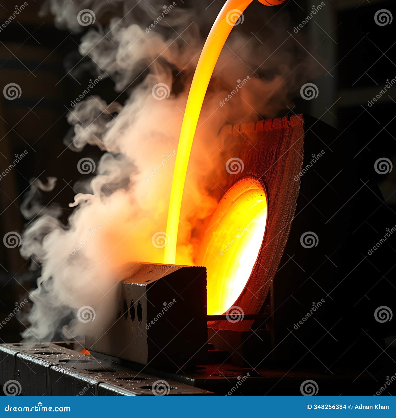 Side View of a Casting Process Where Molten Metal is Being Poured into ...