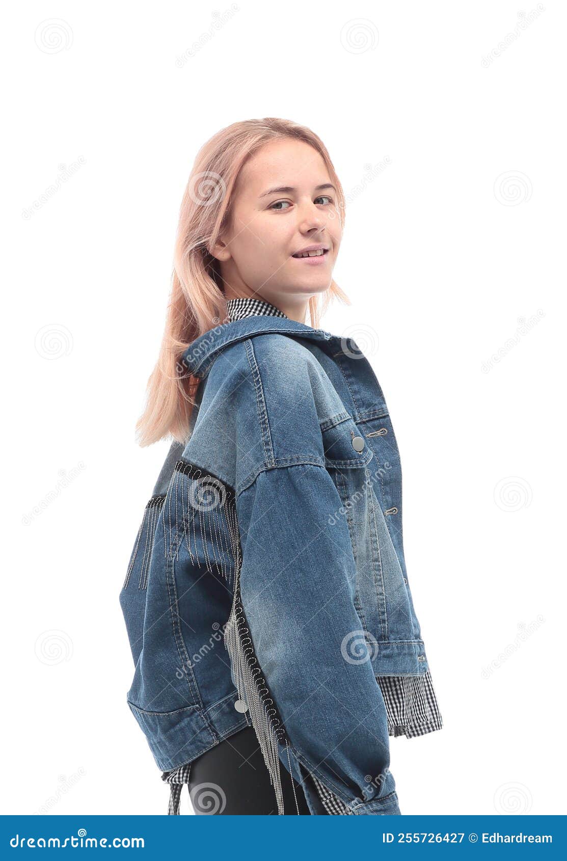 Side View. Casual Girl in Denim Jacket Looking Forward Stock Image ...
