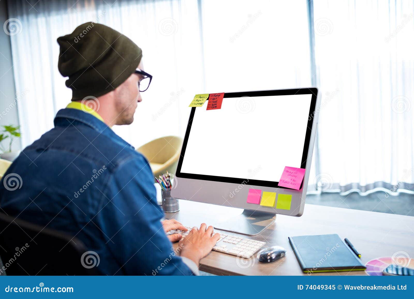 Side View of Casual Man Working at Computer Desk Stock Image - Image of ...
