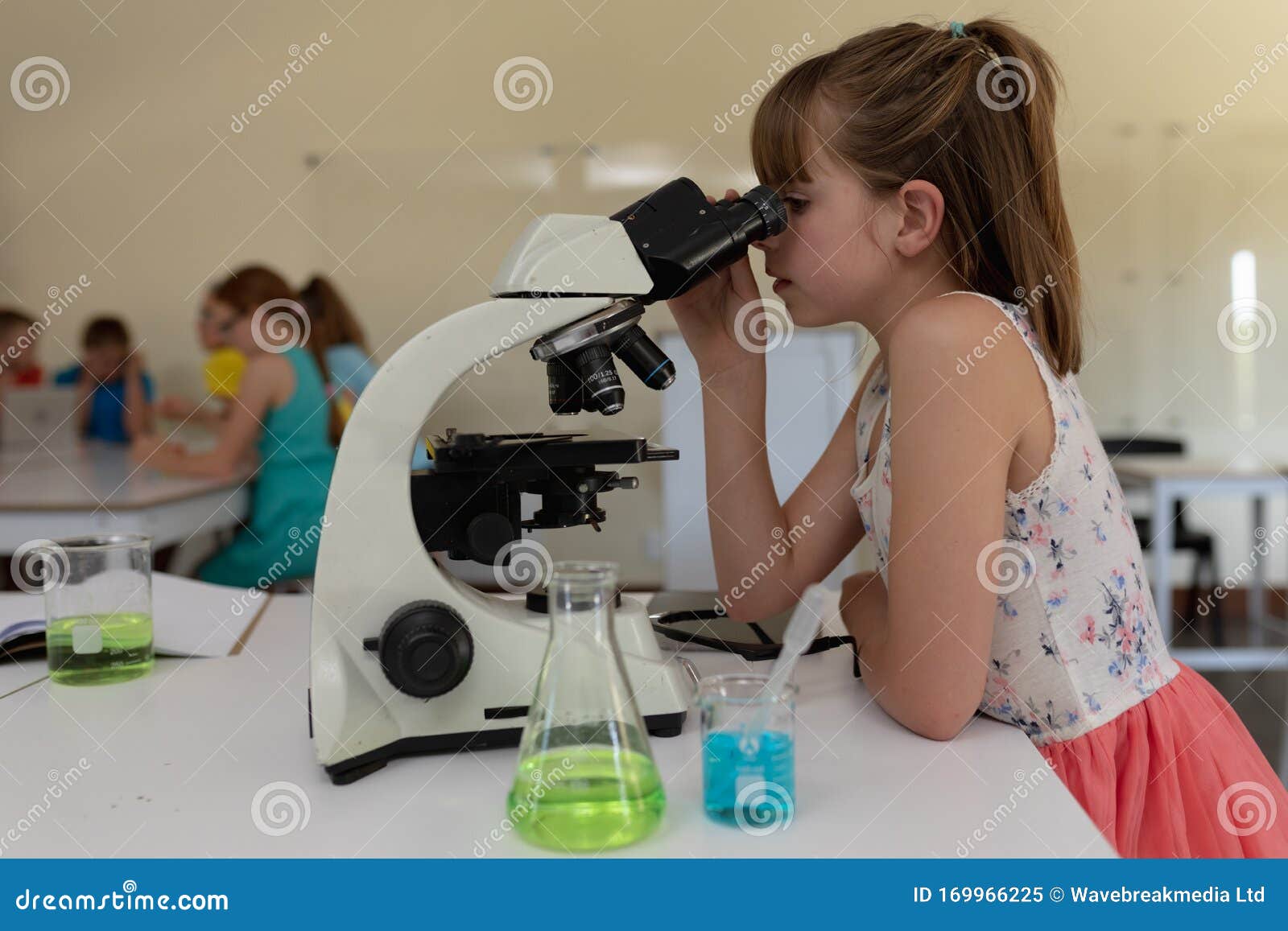 Elementary School Girl in Chemistry Class Stock Image - Image of child ...
