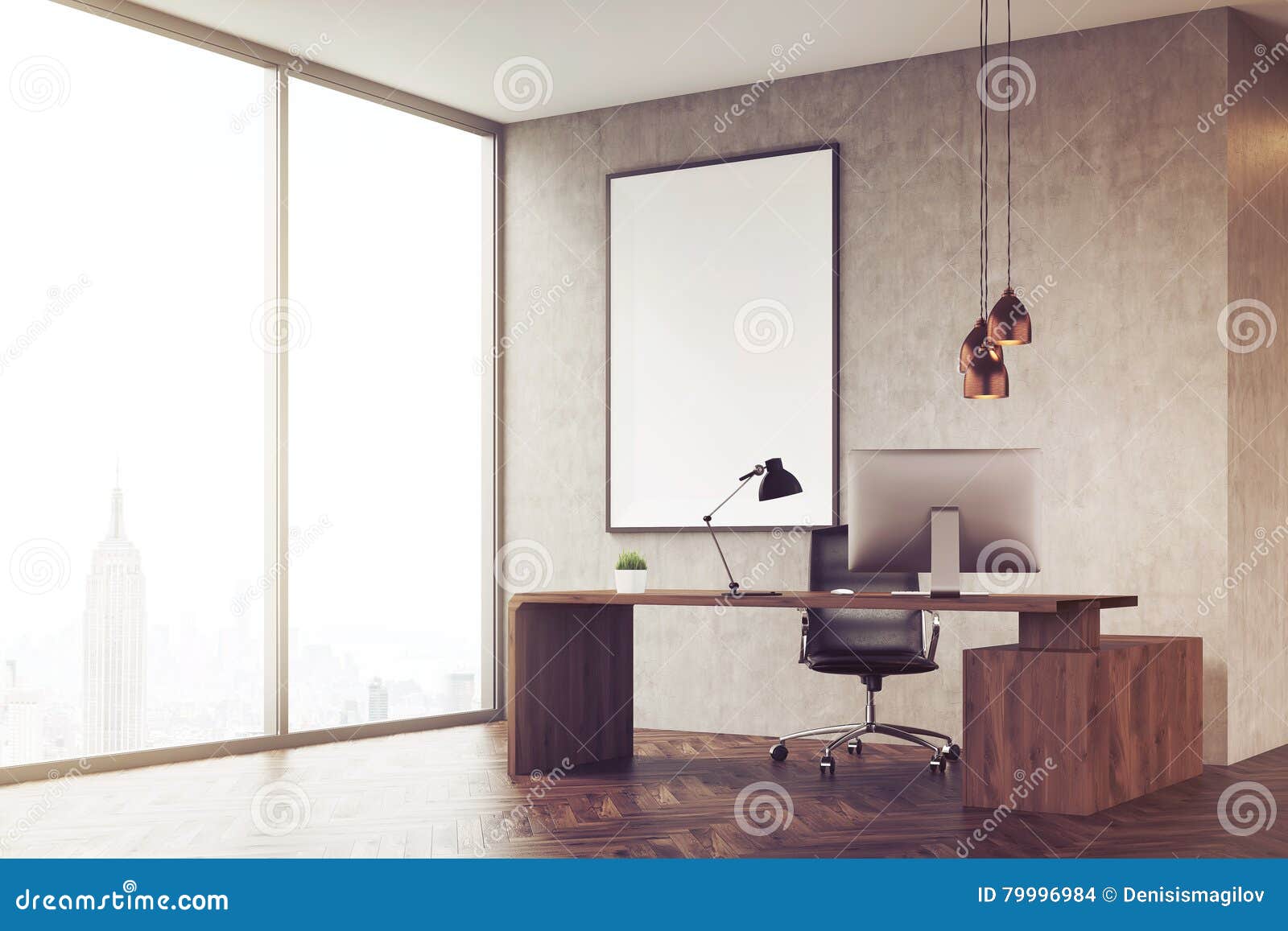 Side View of CEO Office with Panoramic Window and Poster, Toned Stock ...