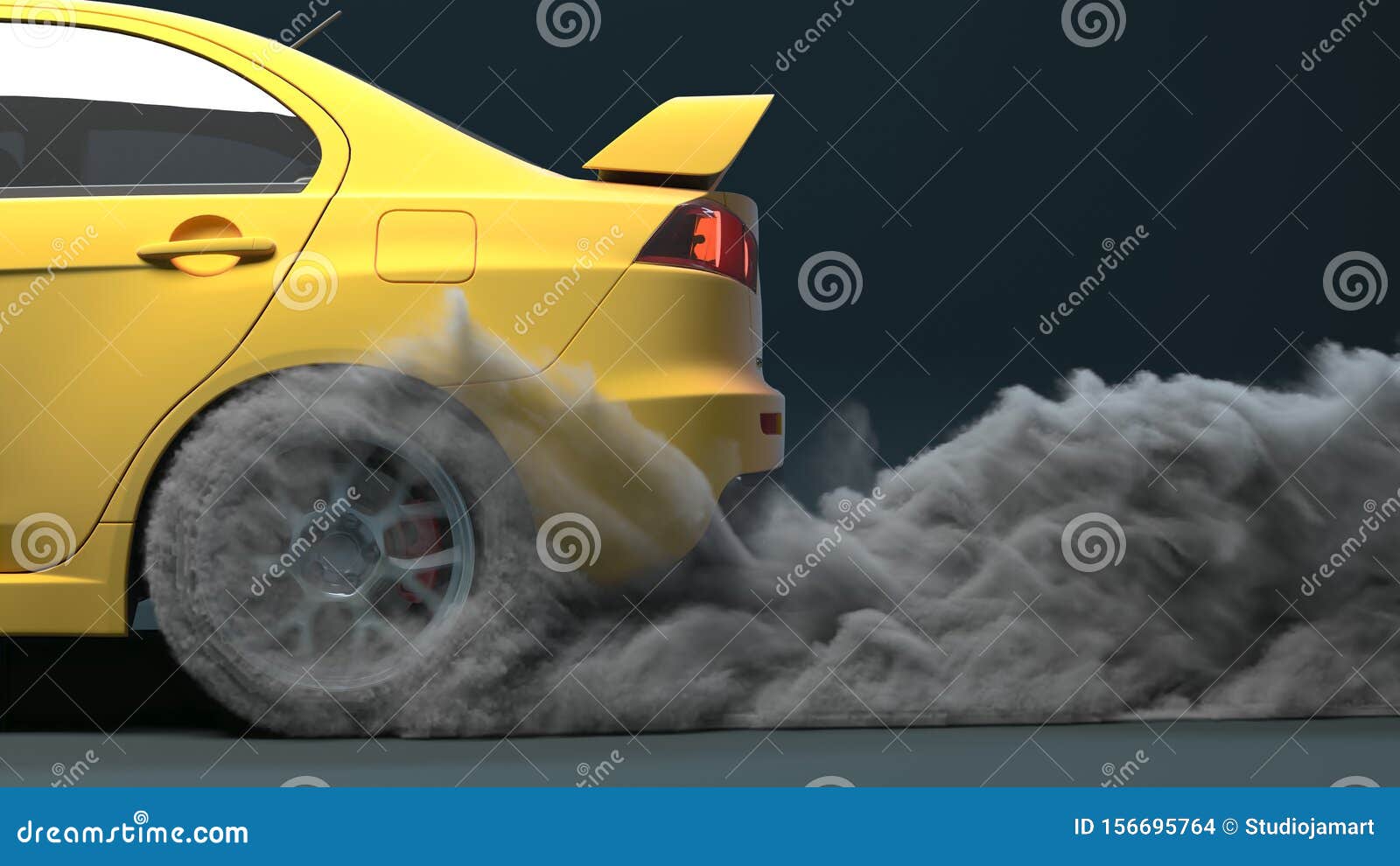 Side View Close-up of a Car Driving Out. Smoke Comes from Under the ...