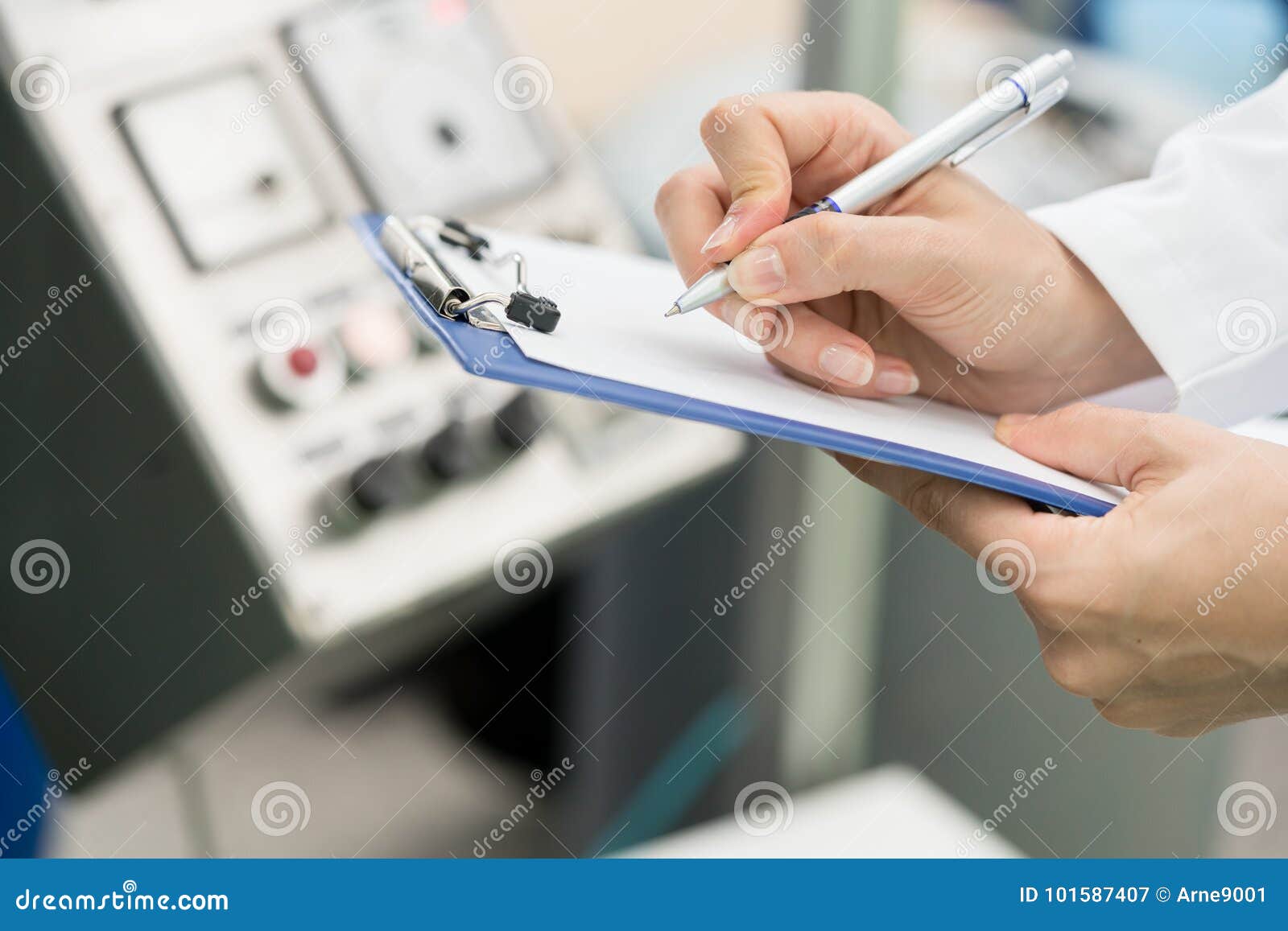 Hands of Woman Engineer Ready for Writing Technical Report about Stock ...