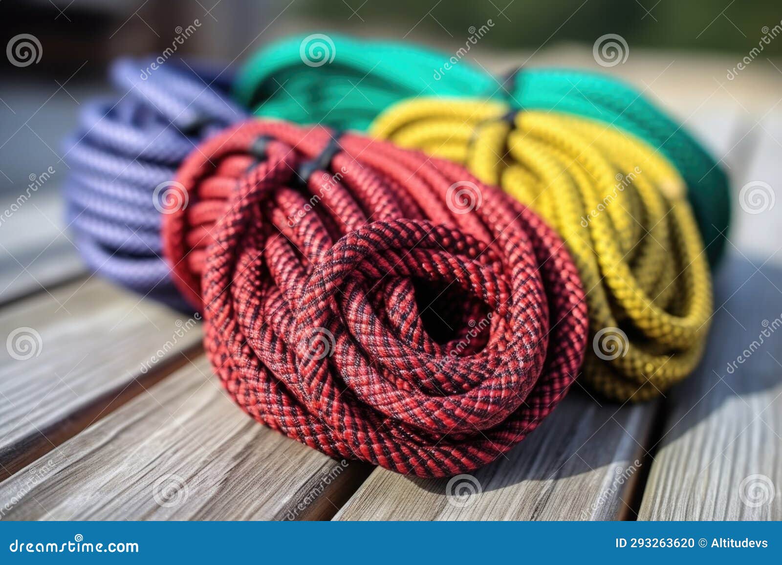 Side View of Coils of Climbing Rope in Different Colors Stock Photo ...