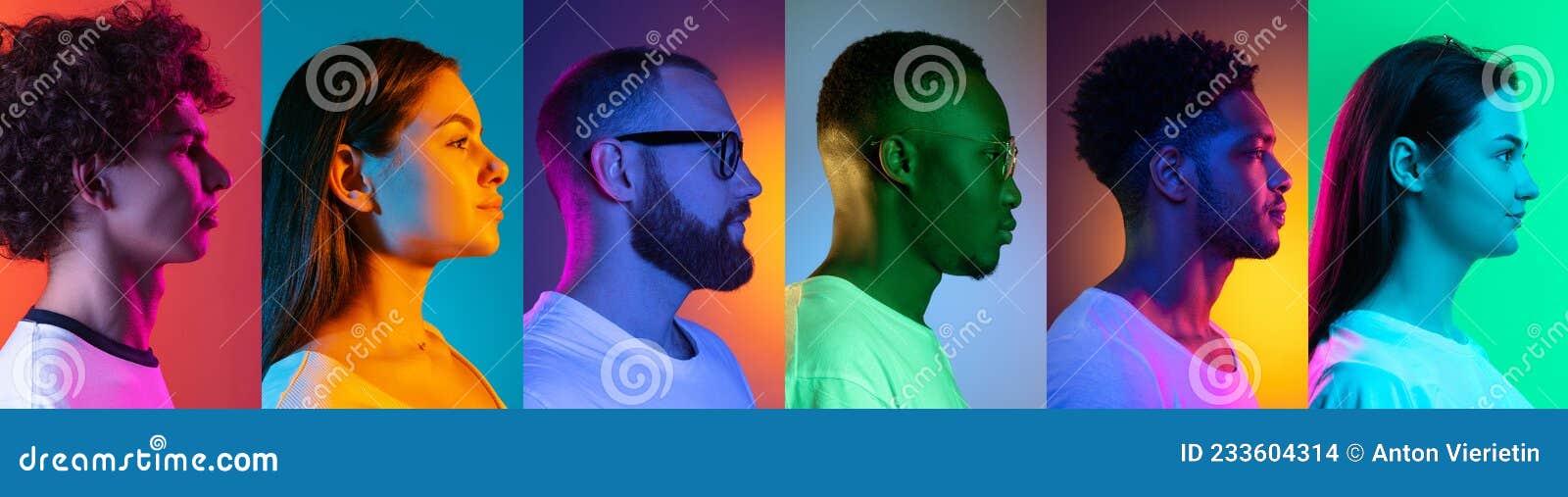 Side View Collage of an Ethnically Diverse Young People Looking Away ...
