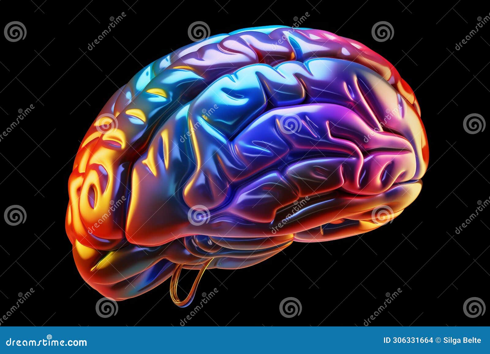 A Side View of a Colorful Isolated, Illuminated Brain on a Black ...