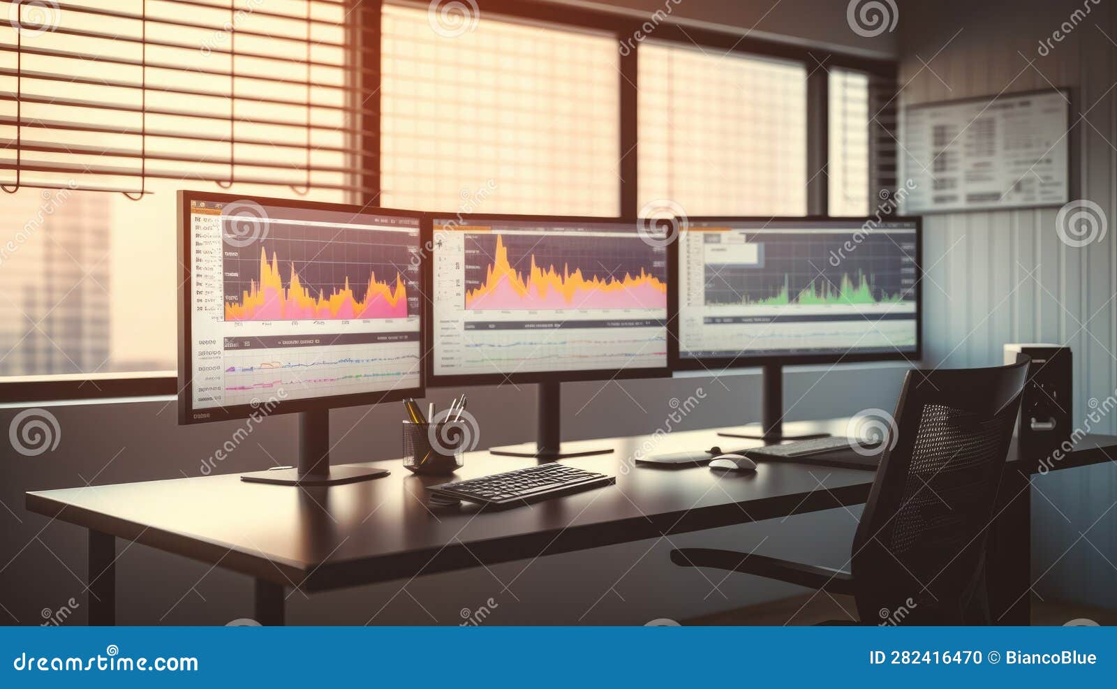 The Side View from a Computer Desk with Multiple Screens Displaying ...