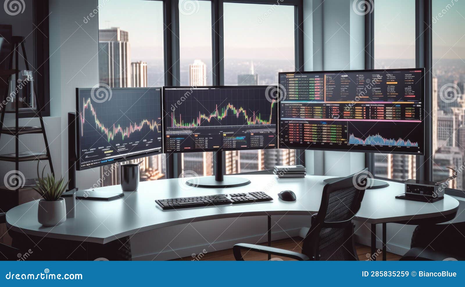 The Side View from a Computer Desk with Multiple Screens Displaying ...