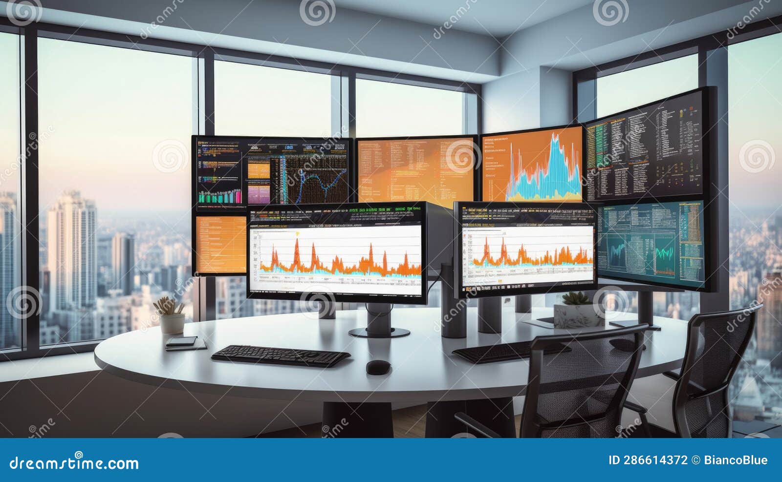 The Side View from a Computer Desk with Multiple Screens Displaying ...