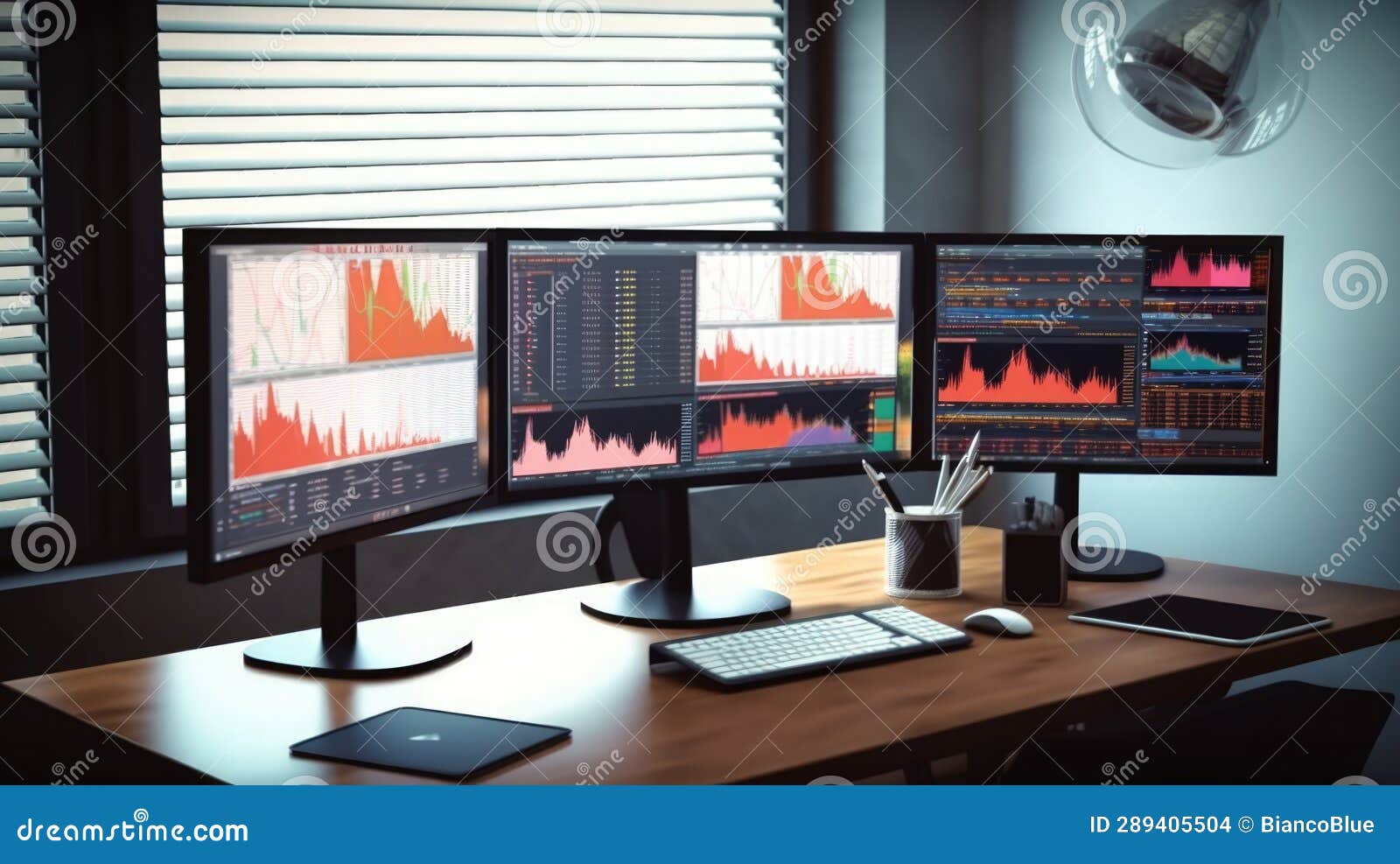 The Side View from a Computer Desk with Multiple Screens Displaying ...