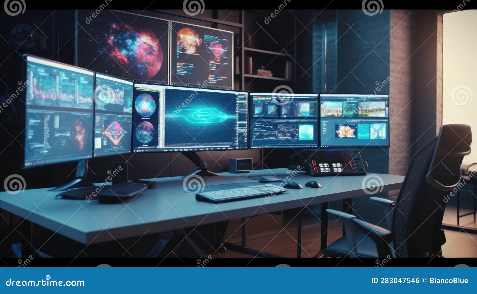 The Side View from a Computer with Multiple Screens Displaying Social ...