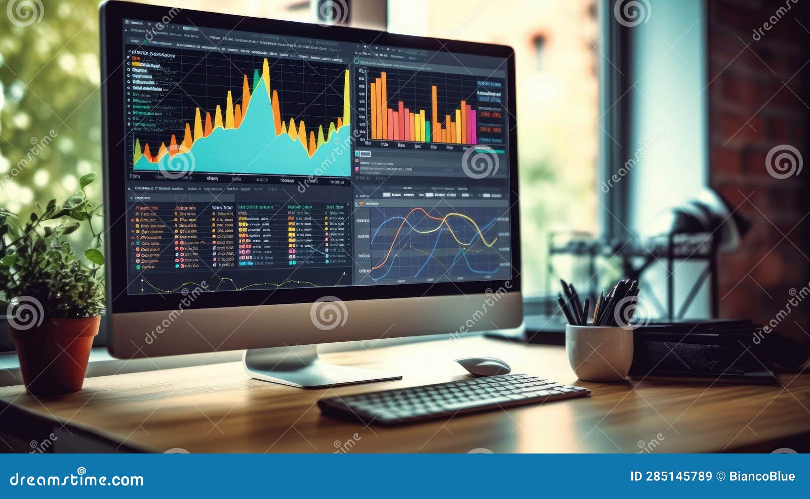 The Side View of a Computer Screen Displaying Multiple Financial ...