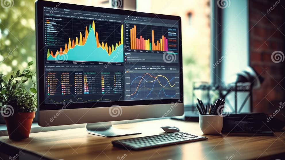 The Side View of a Computer Screen Displaying Multiple Financial ...