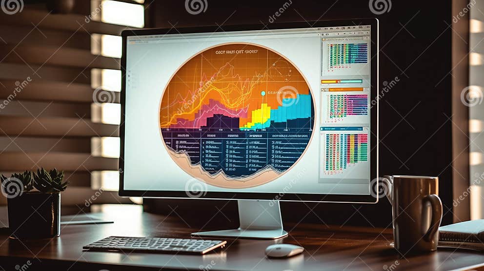 The Side View of a Computer Screen Displaying Multiple Financial ...