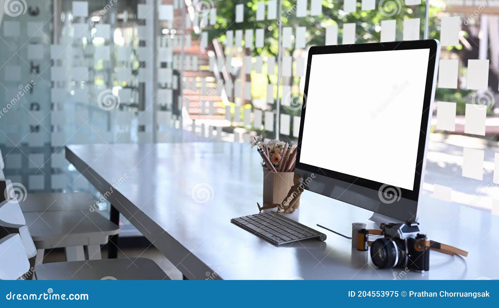 Side View of Computer with White Screen at Workspace. Stock Image ...