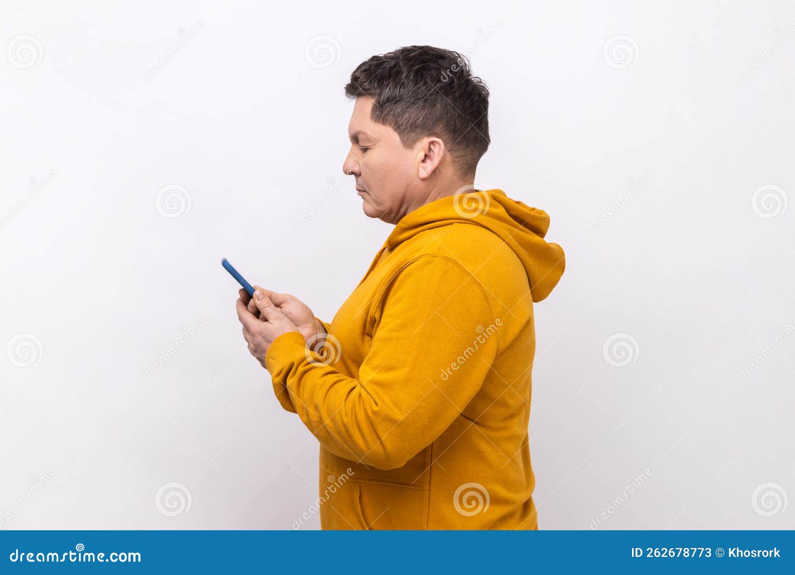 Side View of Concentrated Middle Aged Man Texting Message in Social ...