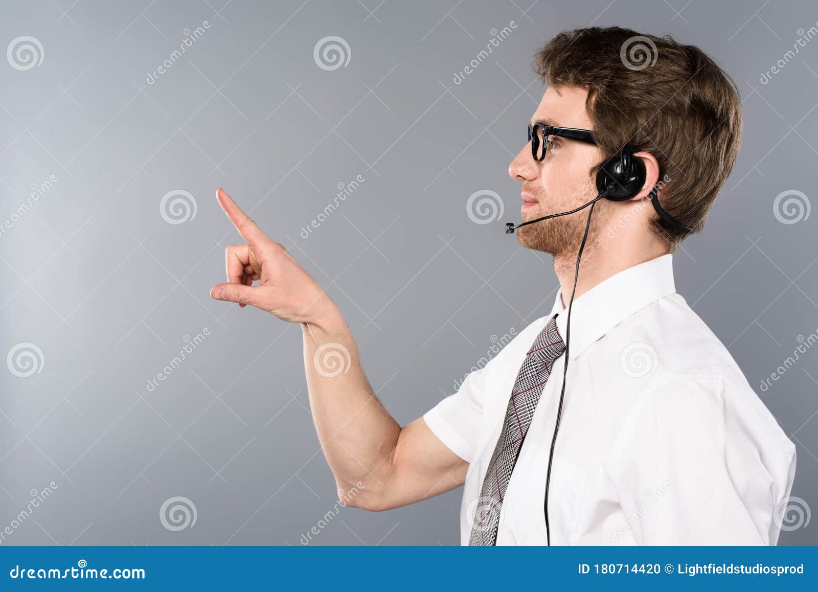 Side View of Confident Call Center Operator Pointing with Finger. Stock ...